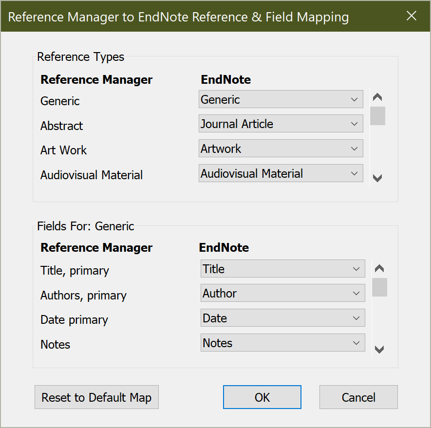 Mapping Reference Manager Reference Types and Fields to EndNote